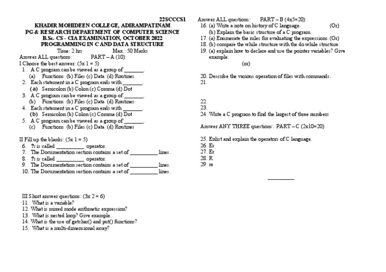 22scccs1 Qp Pdf C Programming Language Subroutine 8161