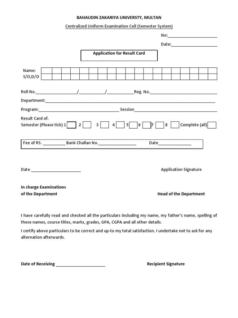 Application For Result Card (Semester System) | PDF
