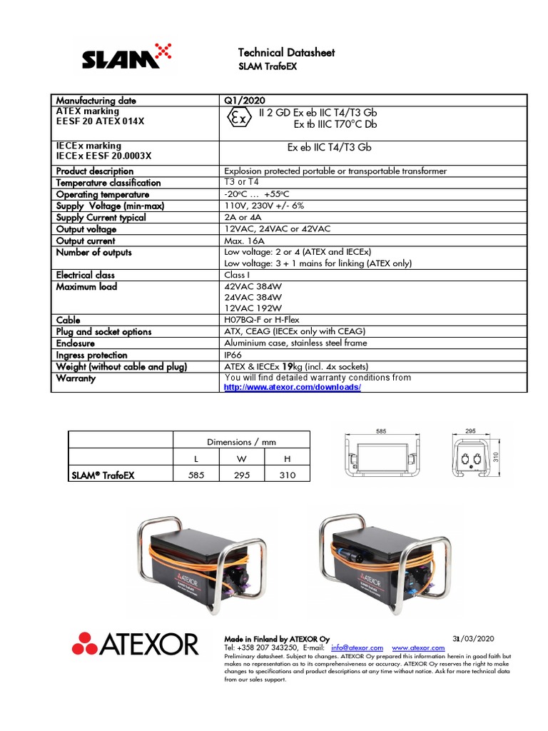 SLAM TrafoEX Technical Datasheet ATEX ID 334178 | PDF | Mains ...