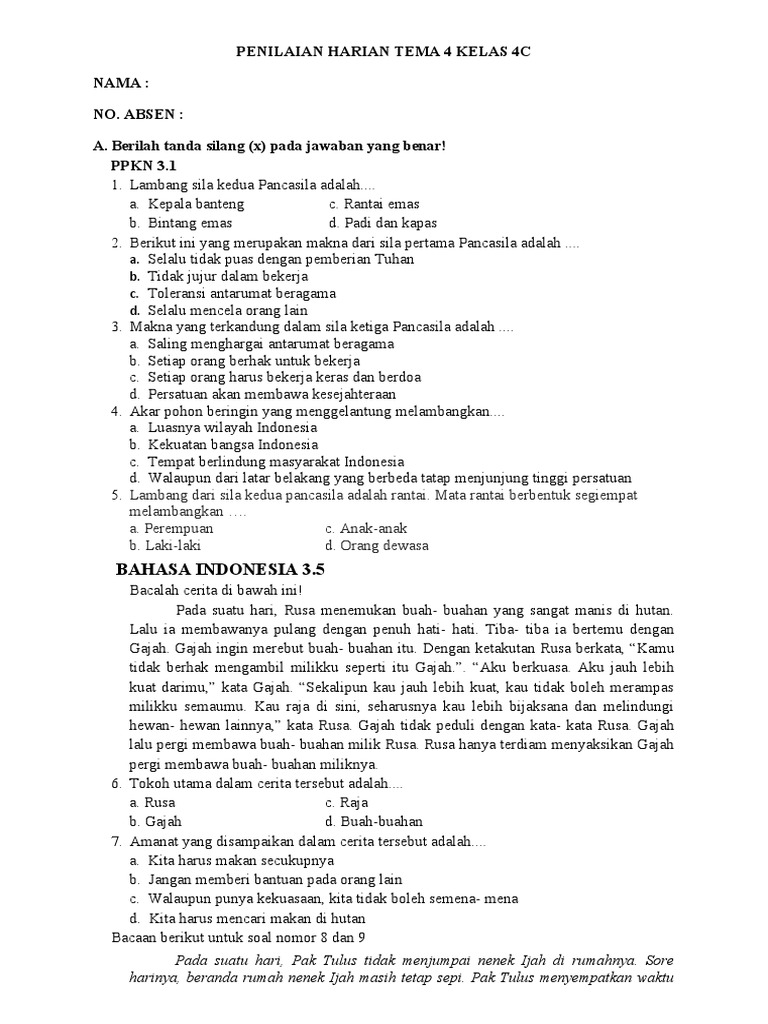 Penilaian Harian Tema 4 Kelas 4C | PDF