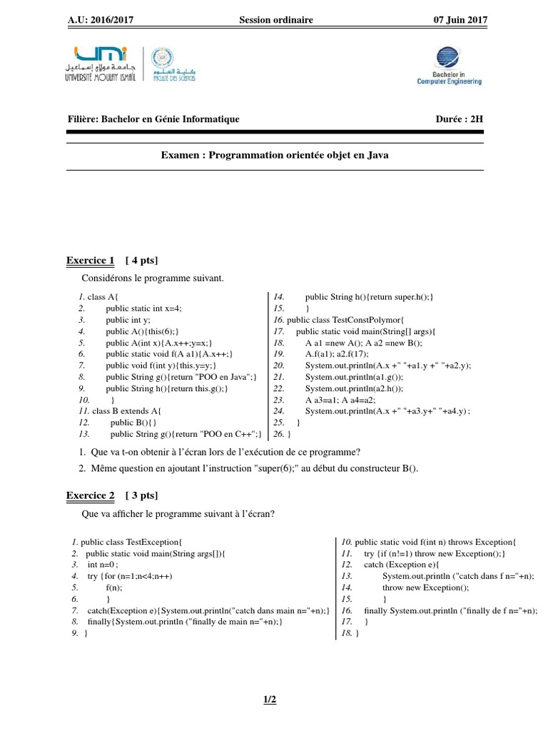Examen Programmation Orientee Objet en J | PDF | Constructeur (programmation) | Programmation
