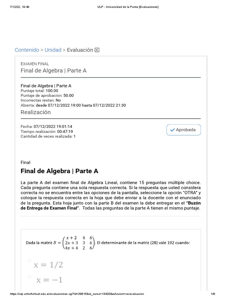 Final Algebra Lineal | PDF | Prueba (evaluación) | Recopilación de datos