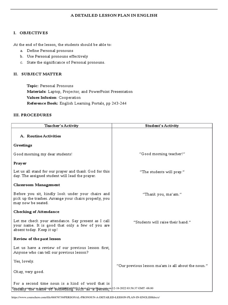 Personal Pronoun A Detailed Lesson Plan in English | PDF | Grammatical ...