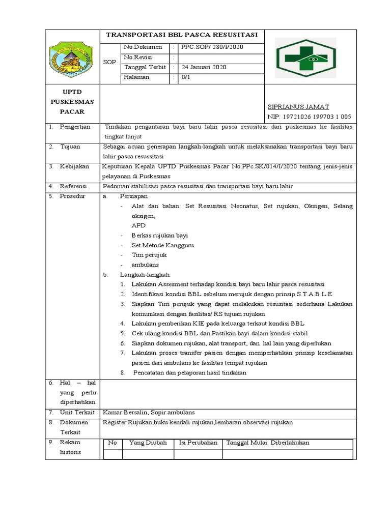 Sop Transportasi BBL Pasca Resusitasi | PDF | Pengelolaan Keuangan ...