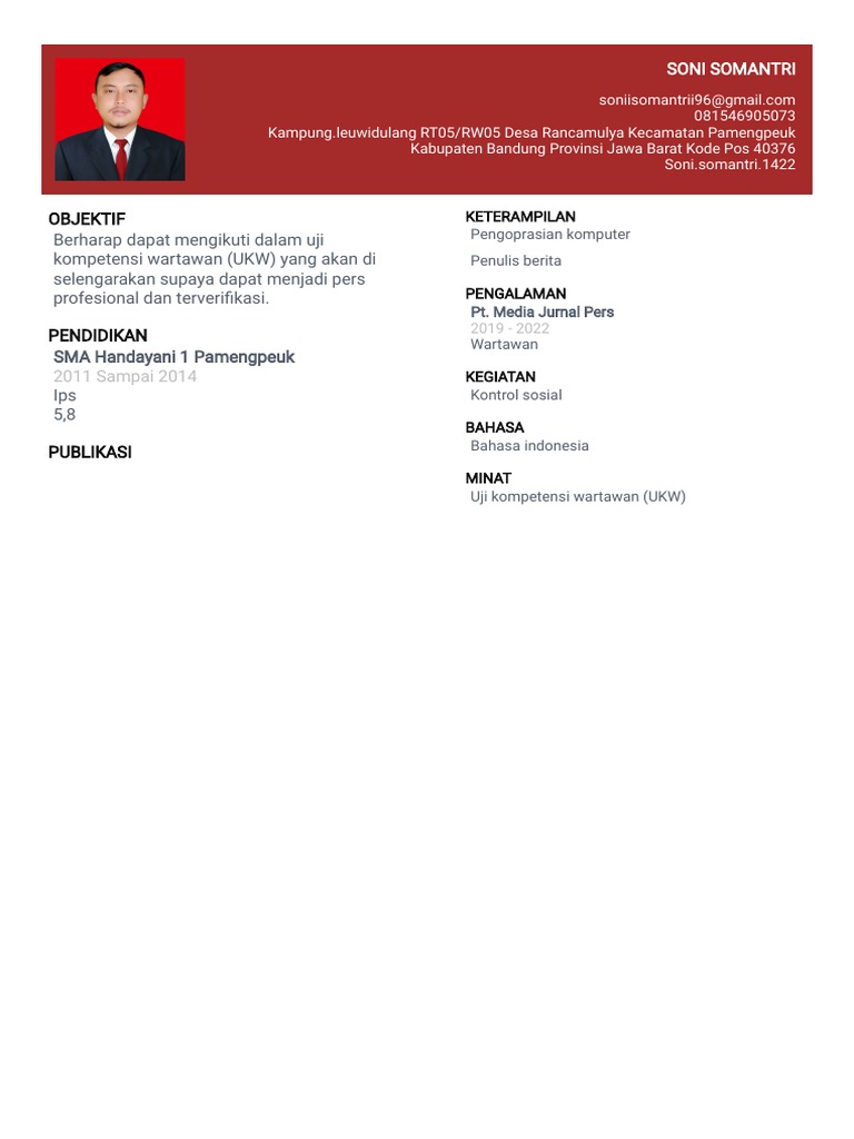 CV Wartawan Soni Somantri | PDF