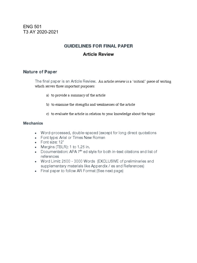ENG 501 Final Paper - Article Review Guidelines | PDF