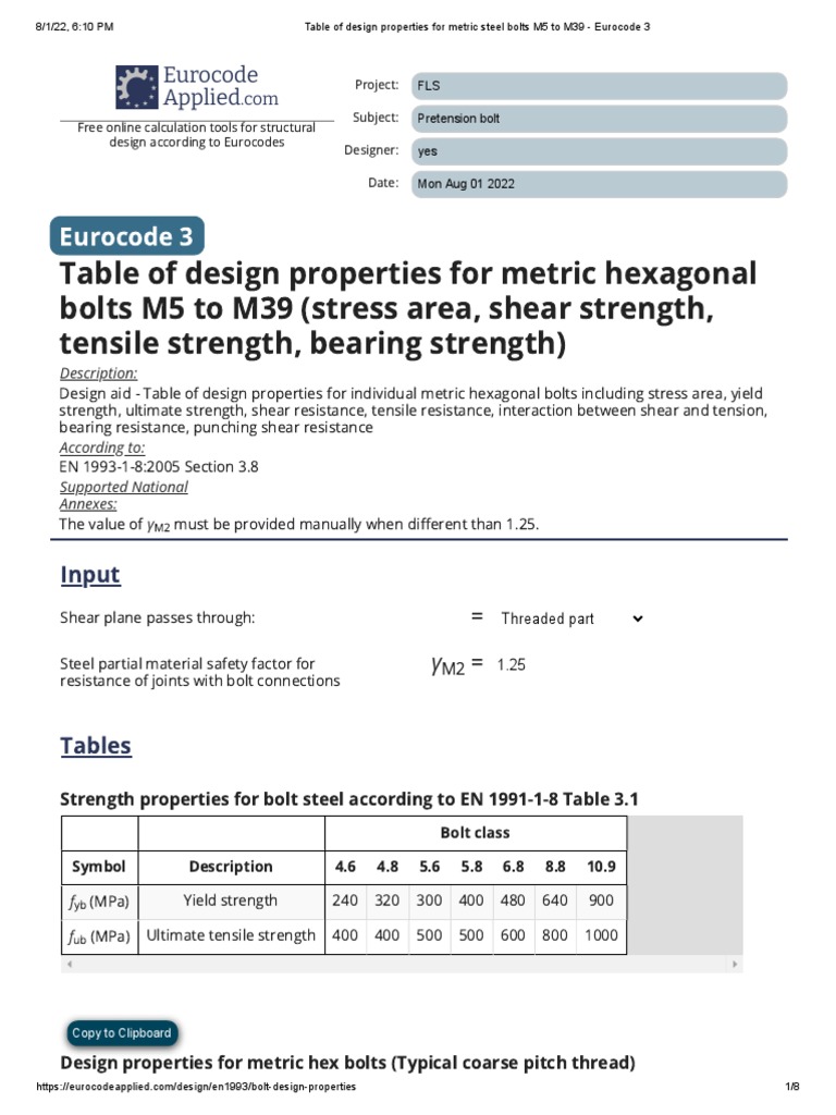 Table of Design Properties For Metric Steel Bolts M5 To M39 - Eurocode ...