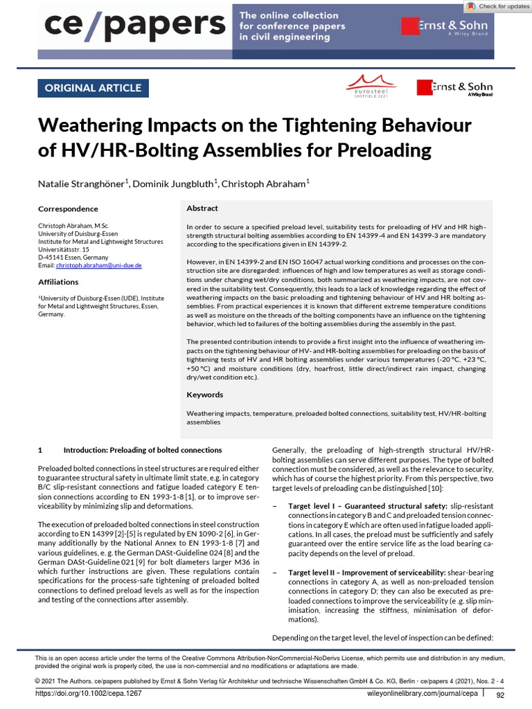 Ce Papers - 2021 - Strangh Ner - Weathering Impacts On The Tightening Behaviour of HV HR Bolting ...