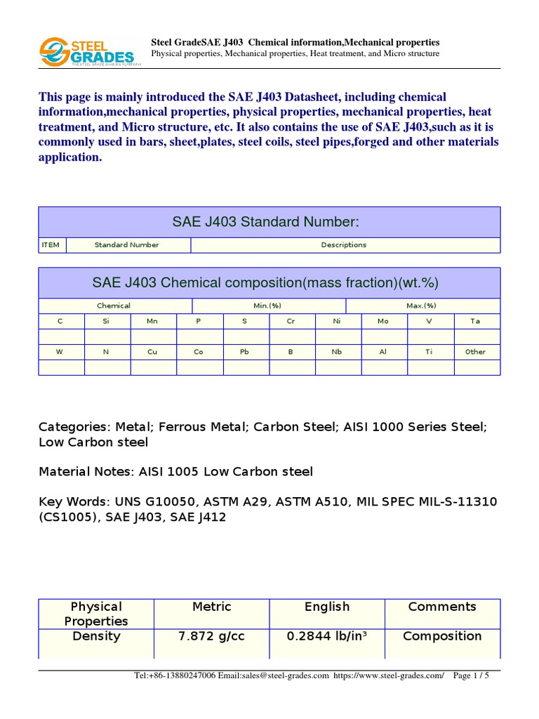 SAE J403 Steel Grade Overview | PDF | Rolling (Metalworking) | Pipe ...