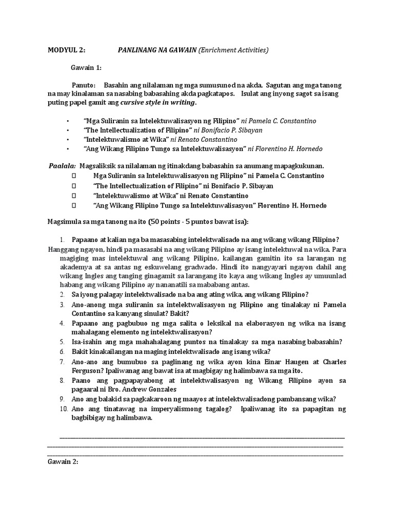Filipino Modyul 2 Answersheet | PDF