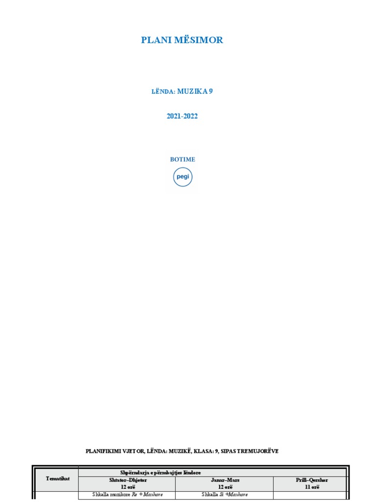 Muzika 9 - Plani Mesimor 2021-2022 | PDF