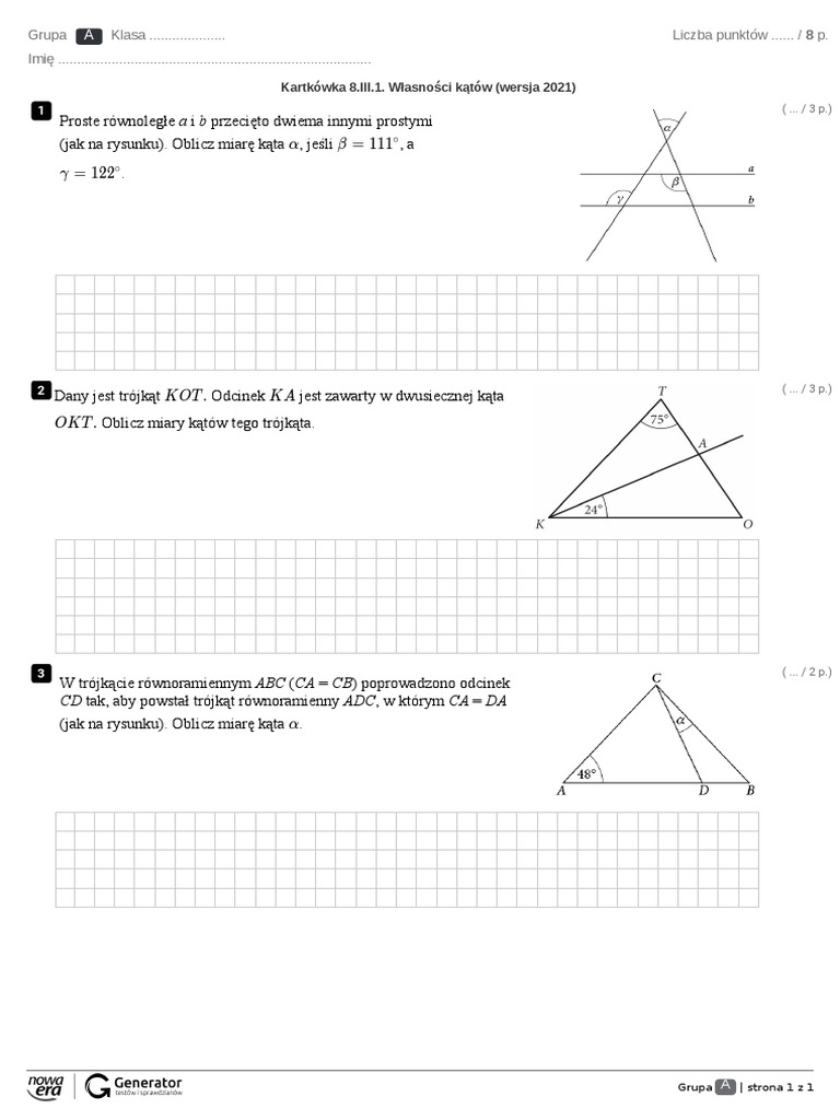 Kartkówka 8.III.1. Własności Kątów (Wersja 2021) Test (Z Widoczną ...
