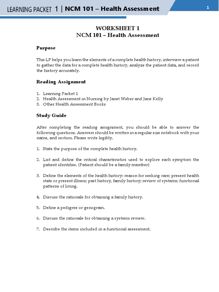 NCM 101 Worksheet 1&2 PDF | Download Free PDF | Physical Examination | Cognitive Science