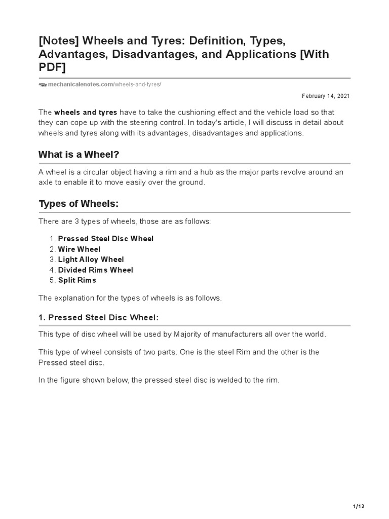 Notes Wheels and Tyres Definition Types Advantages Disadvantages and ...