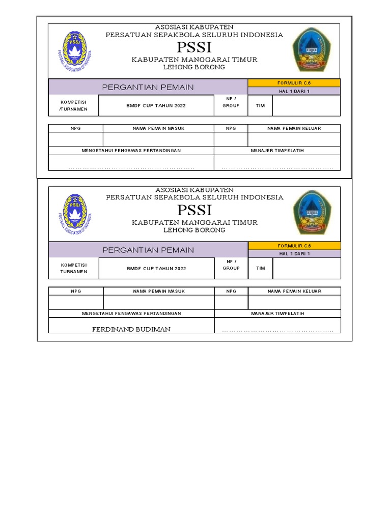 Formulir Pergantian Pemain PSSI | PDF