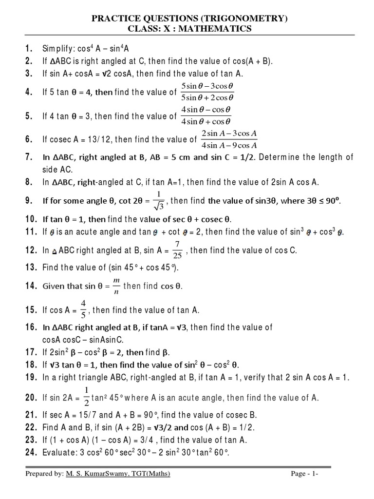 Practice Questions Trigonometry Class X | PDF | Trigonometric Functions ...