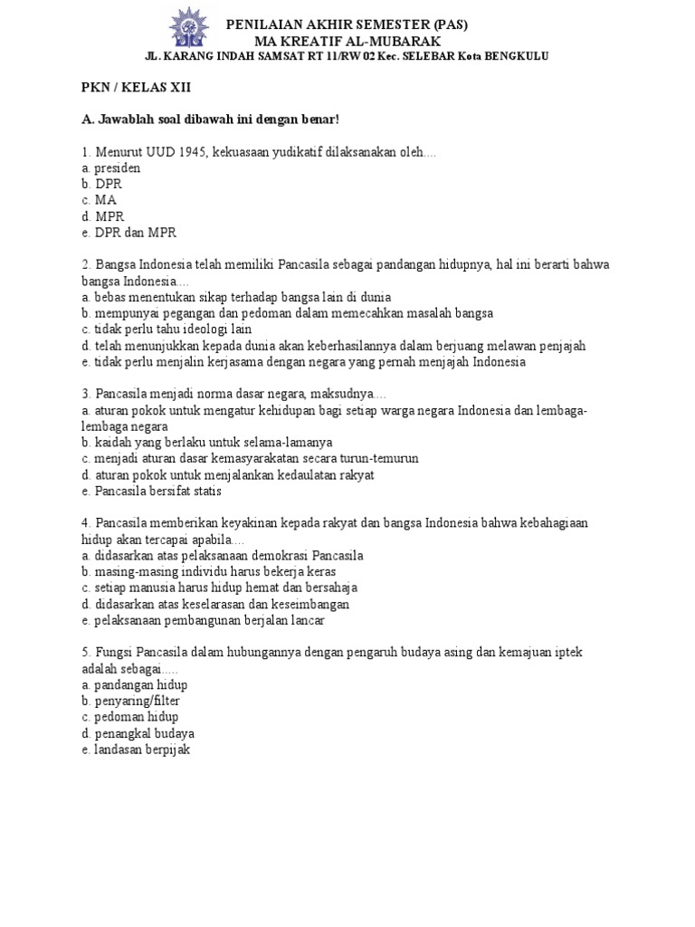 SOAL PKN Klas XII FIX | PDF