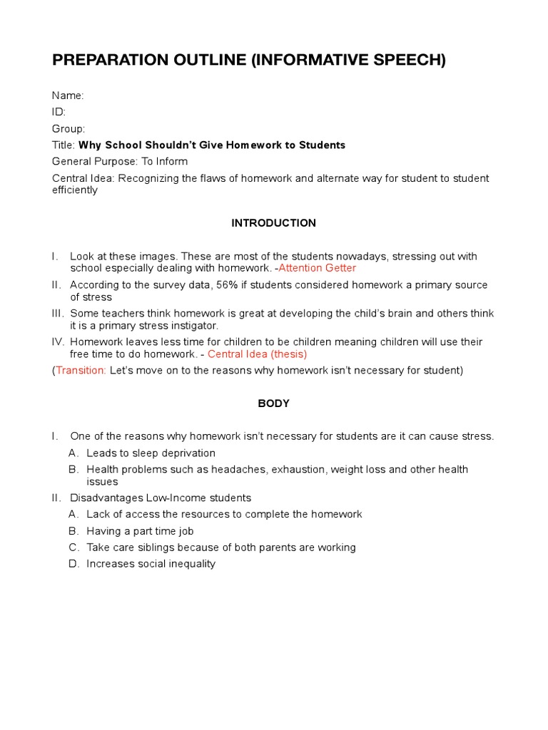 Outline (Why School Shouldn't Give Homework To Students) | PDF ...