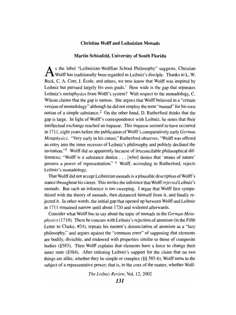 Christian Wolff and Leibnizian Monads - Martin Schonfeld | PDF | Gottfried Wilhelm Leibniz ...