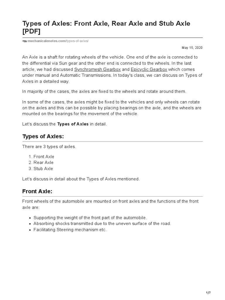 Types of Axles Front Axle Rear Axle and Stub Axle PDF | PDF | Axle | Transportation Engineering