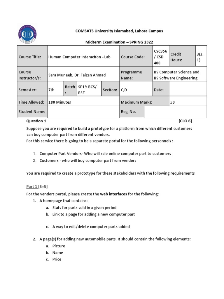 HCI Lab Midterm Exam - Spring 2022 | PDF | Usability | Documentation