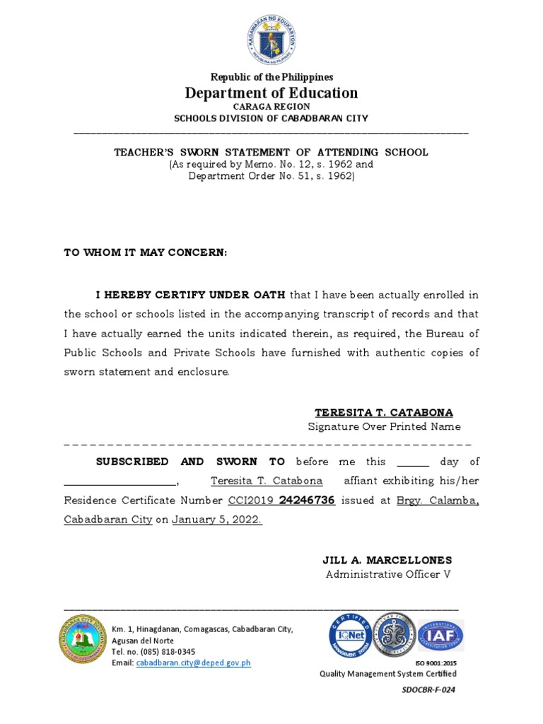 Teacher Sworn Statement | PDF