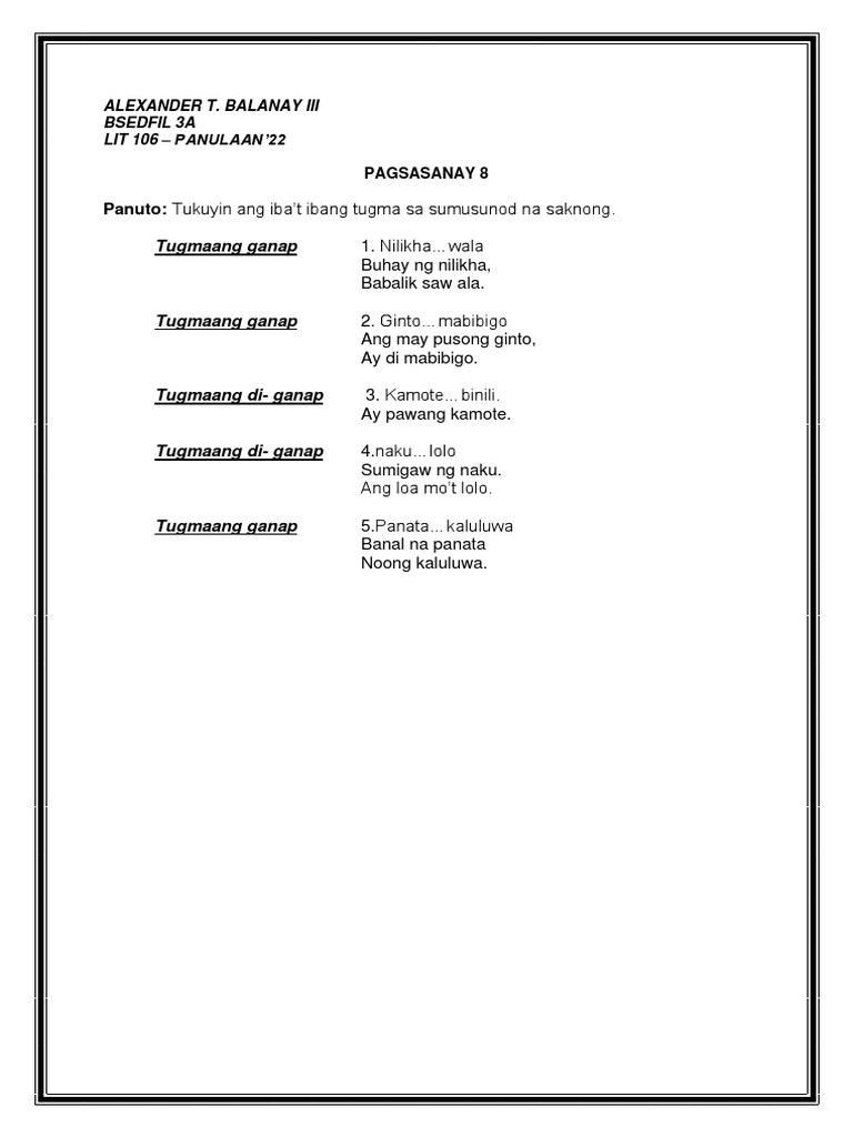 Balanay, Alexander III Panulaan'22 Pagsasanay 8-13 | PDF
