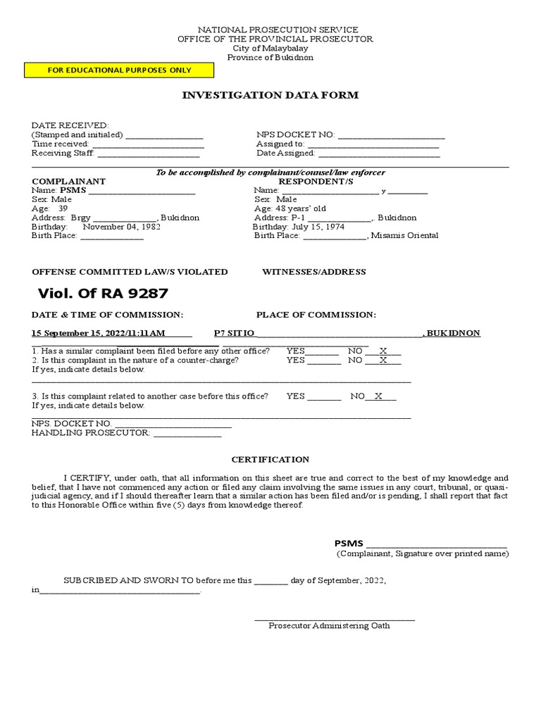 Investigation Data Form | PDF | Prosecutor | Complaint