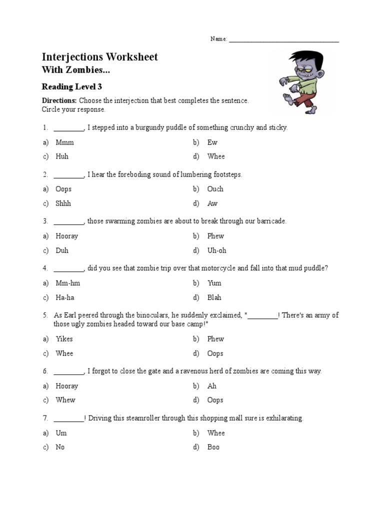 Interjections Worksheet Reading Level 03 | PDF