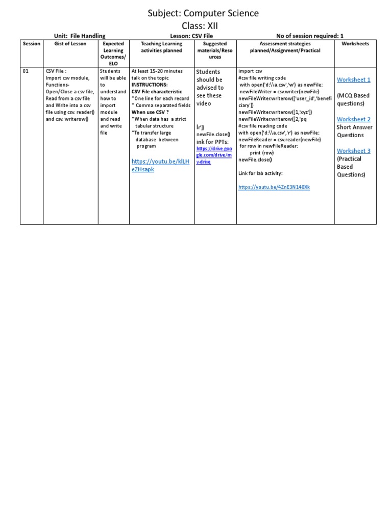 12. CS-12-File Handling (CSV File) | PDF | Comma Separated Values | Data
