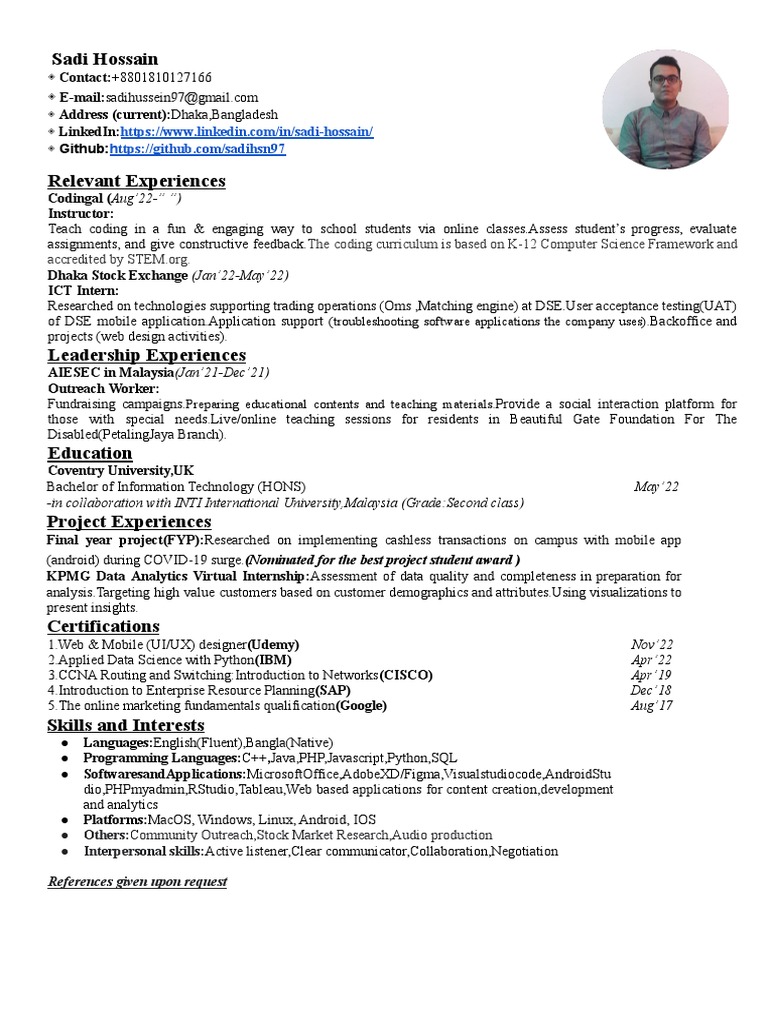 Resume Sadi Hossain | PDF | Mobile App | Educational Technology