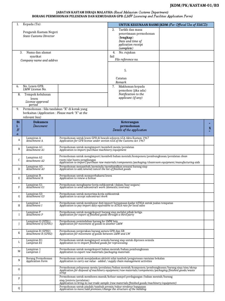 Application for Licensing and Facilities under the Royal Malaysian Customs Department for Goods ...