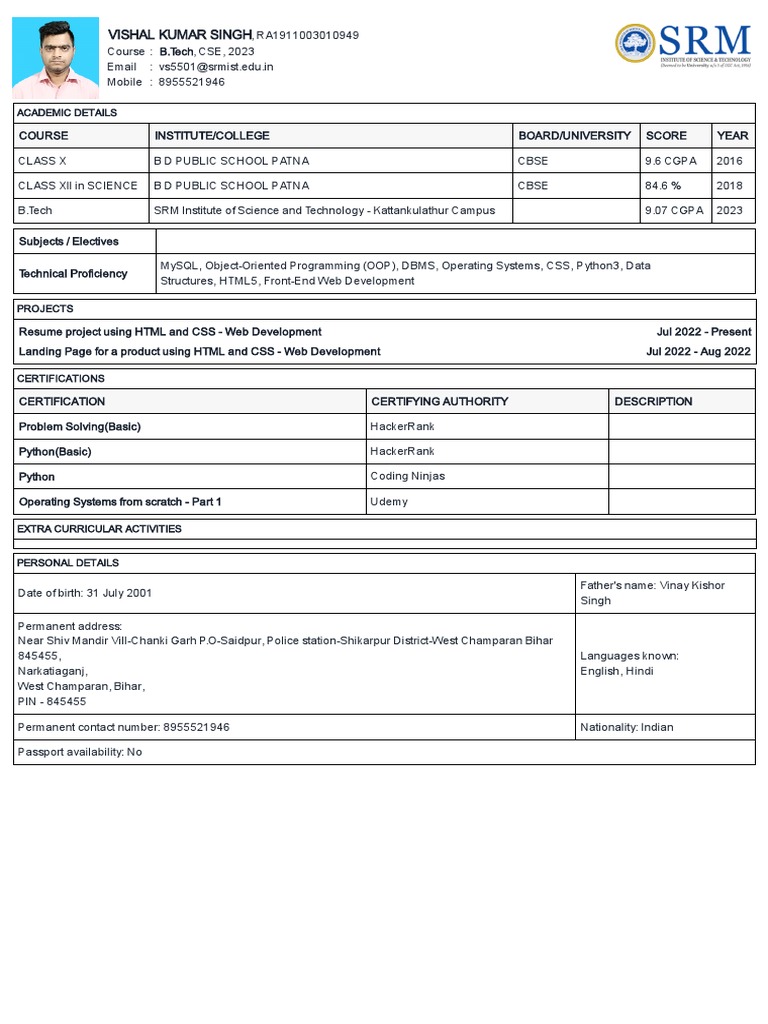VISHAL KUMAR SINGH BTech CSE 2023 Resume | PDF | Hypertext | Software Development