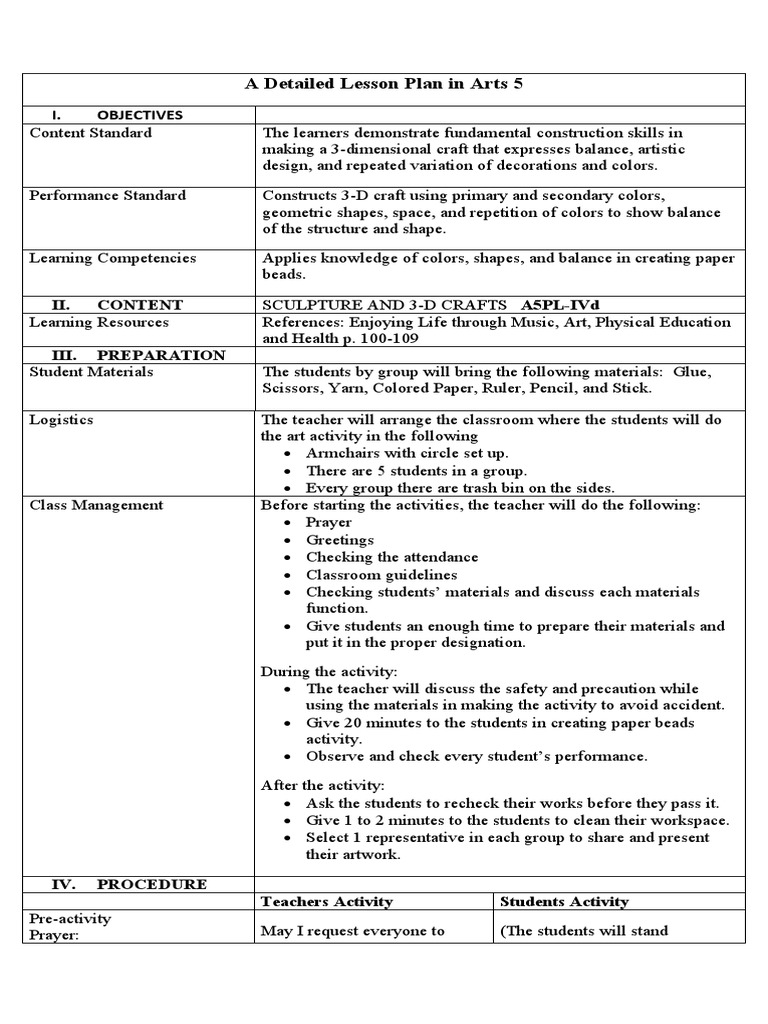 Detailed Lesson Plan in ARTS 5 | PDF | Color | Teachers