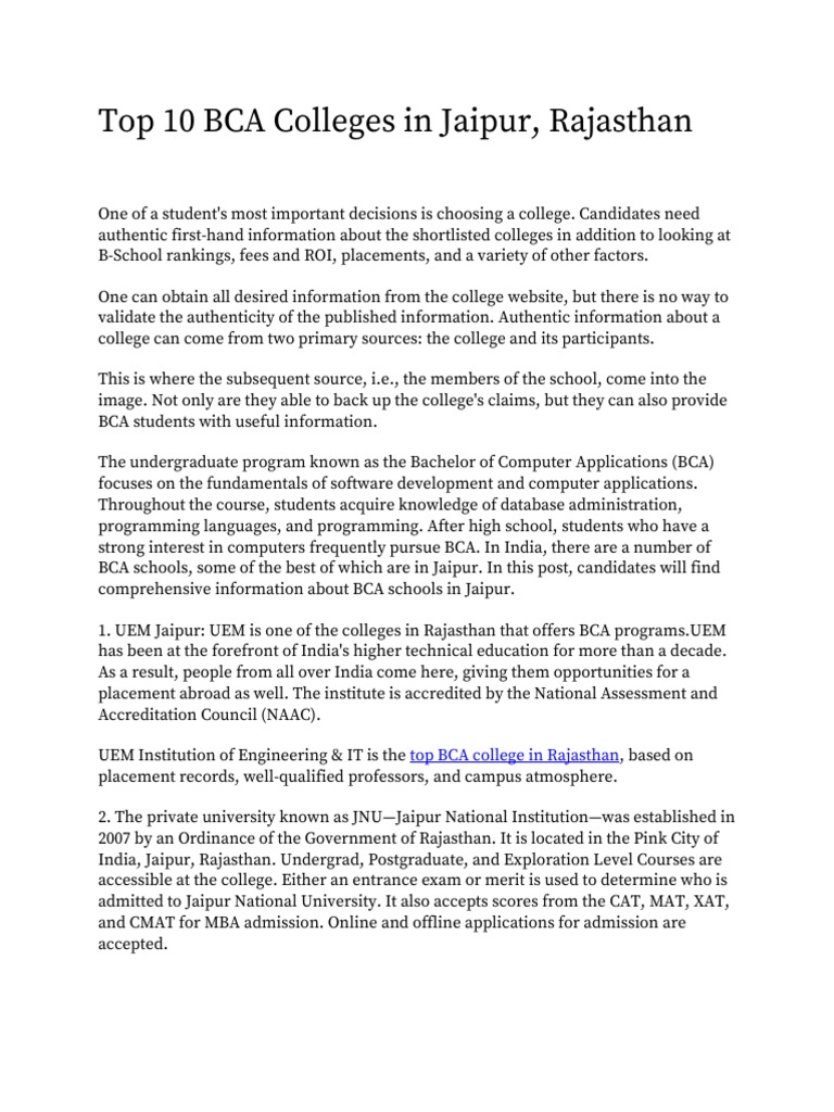 Top BCA College in Rajasthan | PDF | University And College Admission | Undergraduate Education