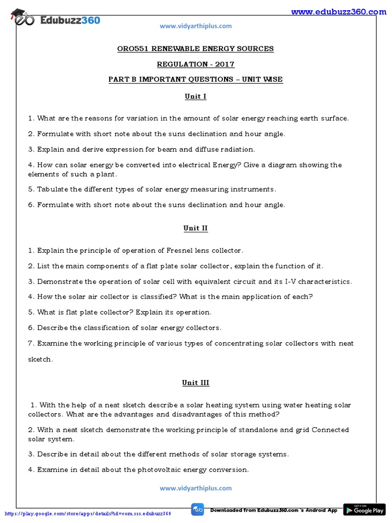 Renewable Energy Sources Exam Questions | PDF | Solar Energy ...