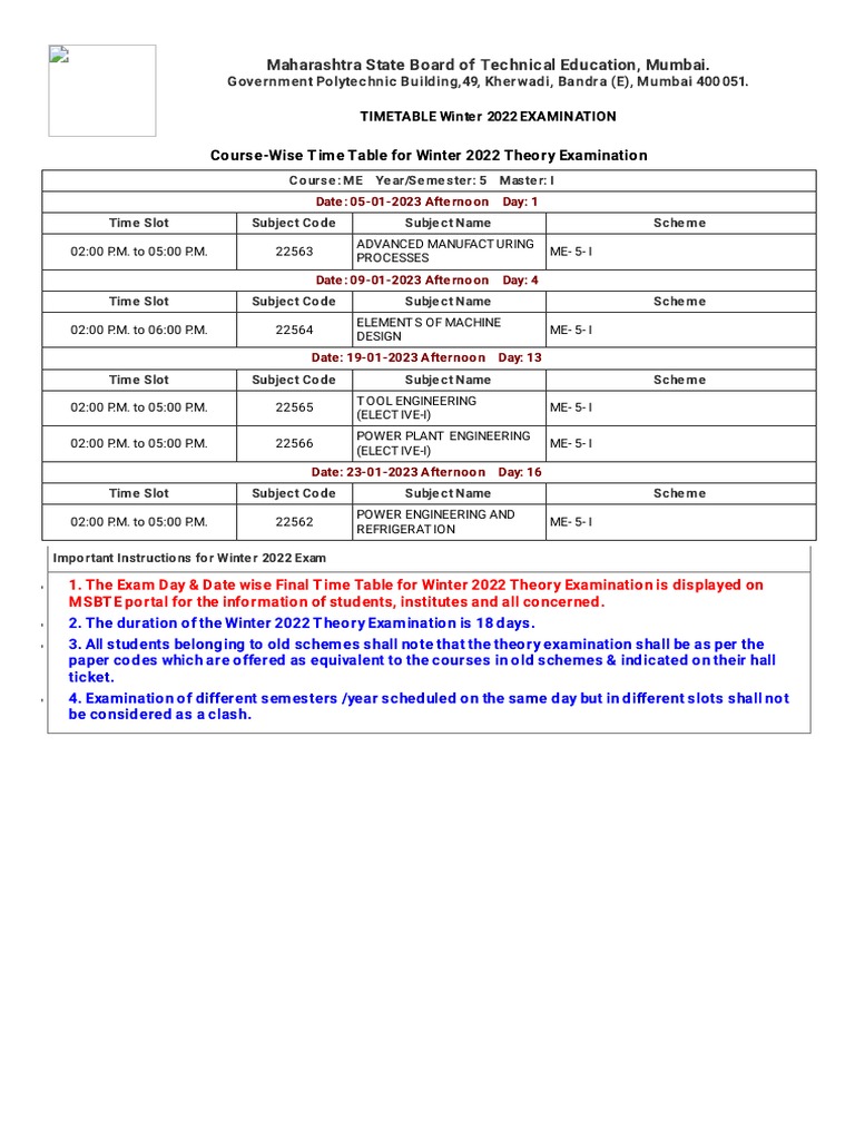 Maharashtra Winter 2022 Exam Timetable | PDF
