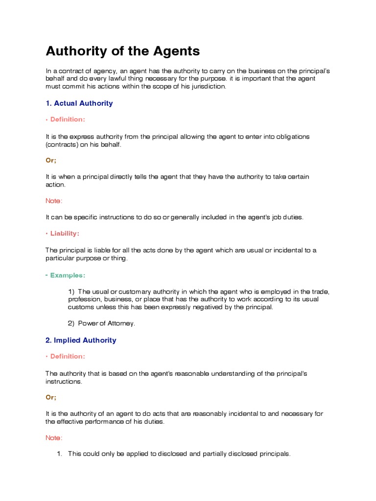 Authority of The Agents | PDF | Law Of Agency | Legal Liability