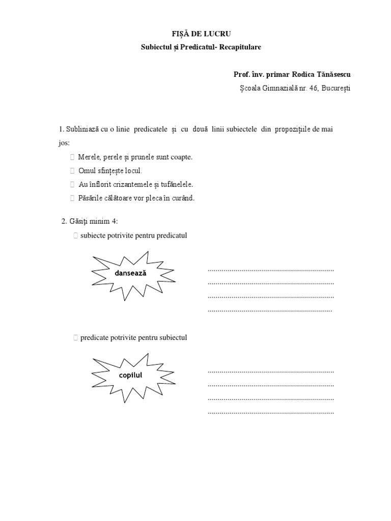 FIȘĂ DE LUCRU-Subiectul Și Predicatul - Rodica Tanasescu | PDF