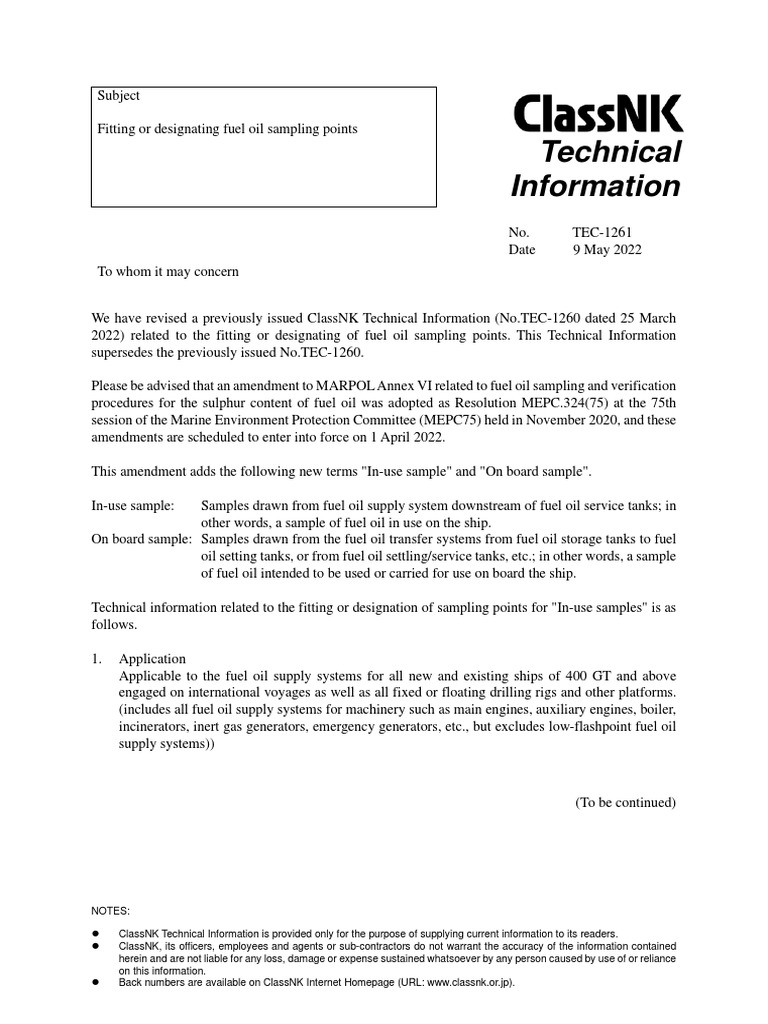 ClassNK Fitting or Designating Fuel Oil Sampling Points | PDF | Pipe ...