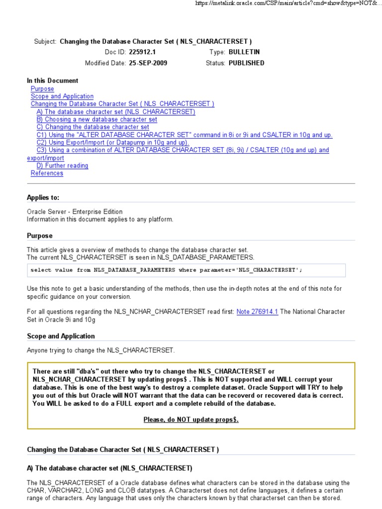 Changing The Database Character Set Character Set) | PDF | Character Encoding | Databases