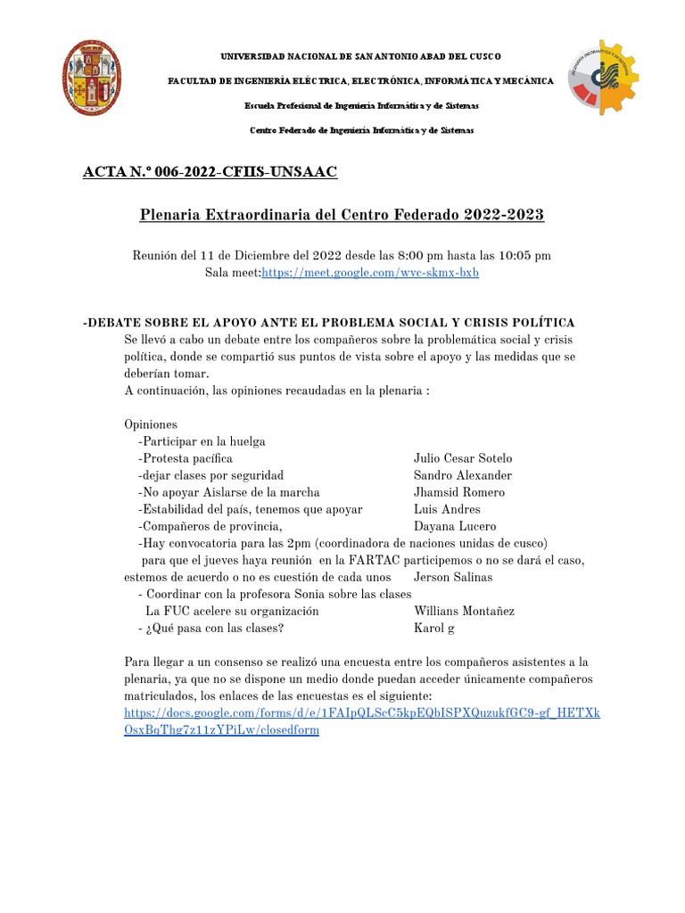 Acta N 006 2022 Cfiis Unsaac | PDF
