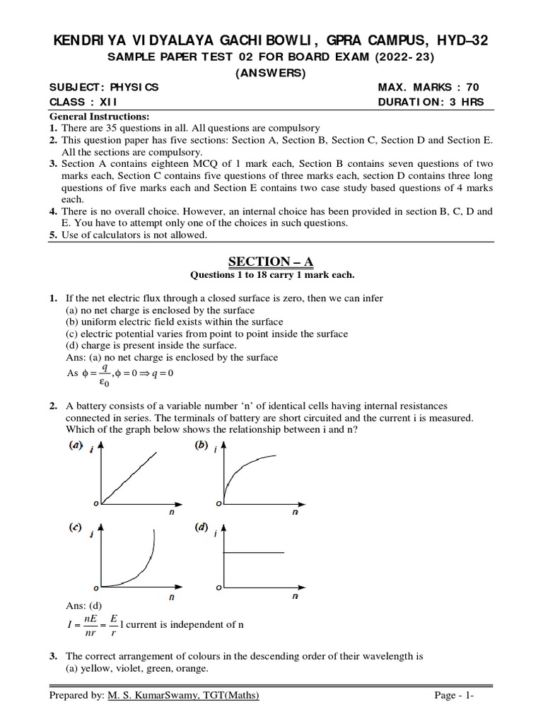 Physics Class Xii Sample Paper Test 02 For Board Exam 2023 Answers ...