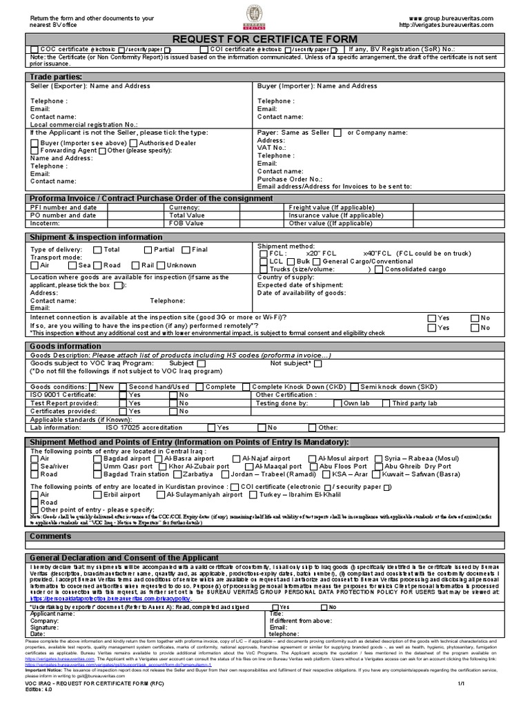 Voc Iraq - Request For Certificate Form 4.0 | PDF | Trade | Business