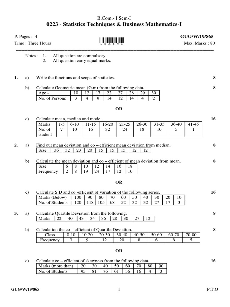 865 Year I Sem I Subject 0223 Statistics Techniques And Business Mathematics I