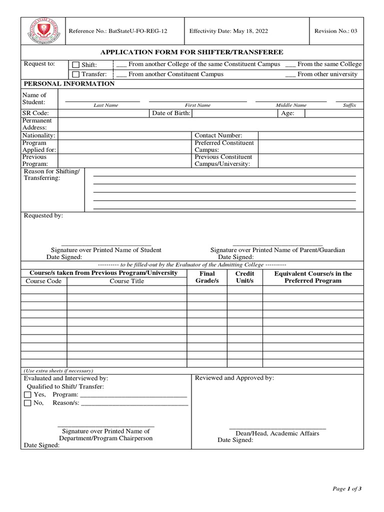 BatStateU-FO-REG-12 - Application Form For Shifter, Transferee - Rev. 03 | PDF | Academia ...