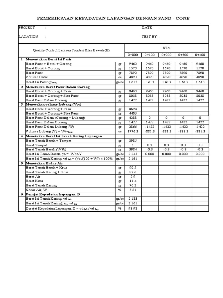 Form Pengisian Test Sand Cone | PDF