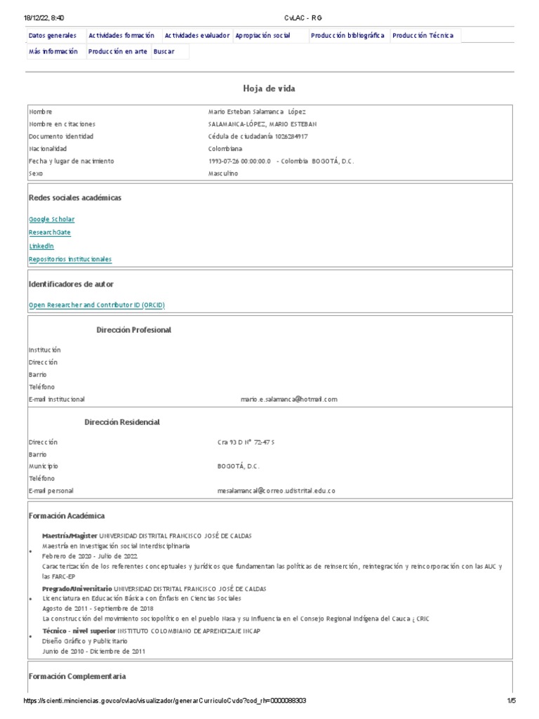 Cvlac - RG - Mesalamanca2022 | PDF | Colombia | Universidad