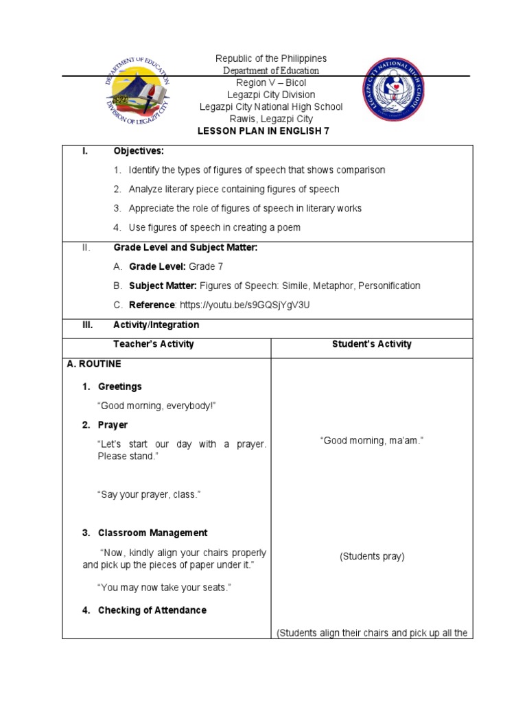 Grade 7 Figures of Speech Lesson Plan | PDF | Idea | Poetry
