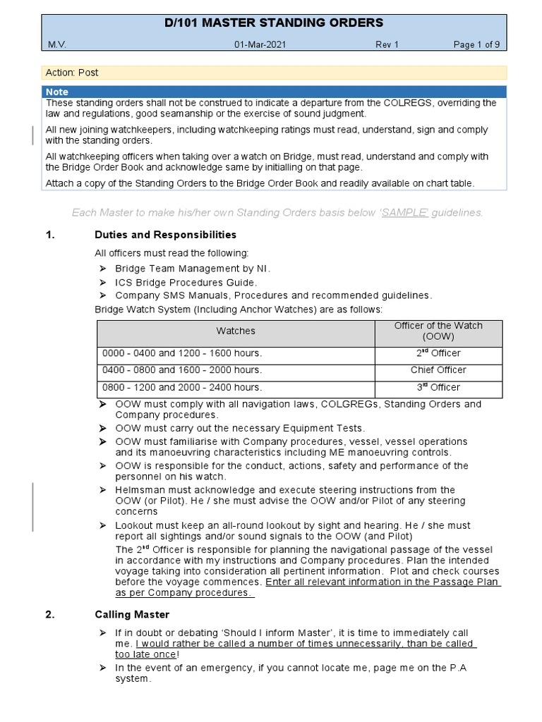 D-101 Master Standing Orders | PDF | Navigation | Shipping